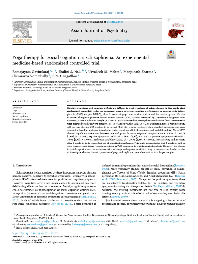 Jurnal Pendukung 2 - Yoga Therapy For Social Cognition in Schizophrenia - An Experimental ...