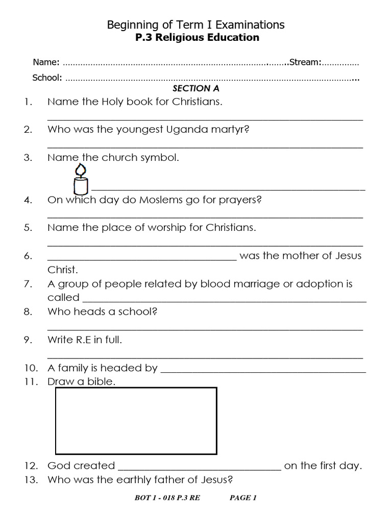 P - 3 Religious Education Beginning of Term I Examinations | PDF