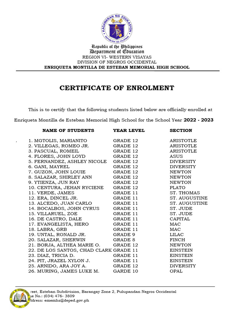 2023 Student Enrollment Certificate | PDF