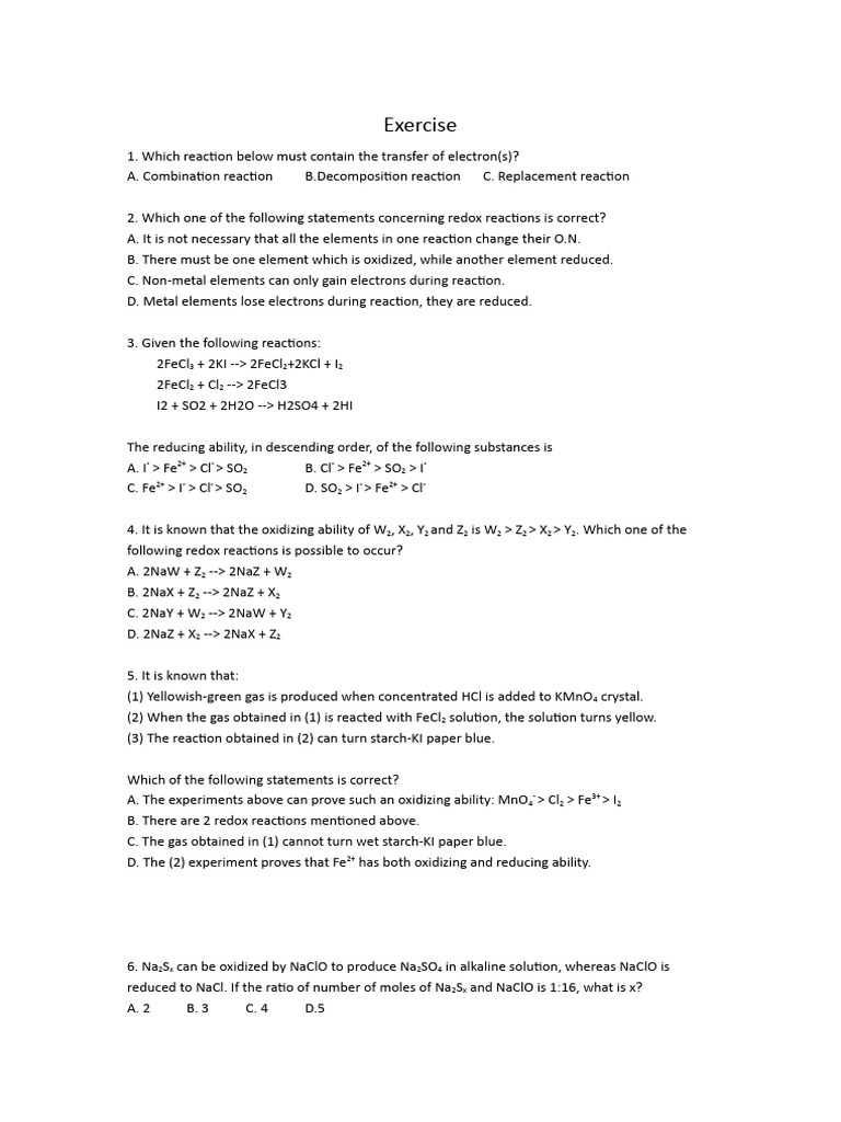 Redox Exercise Eng | PDF | Redox | Chlorine