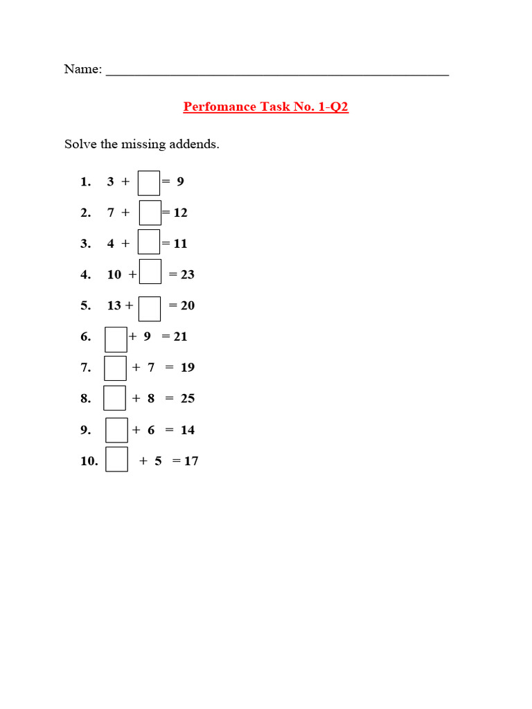 Missing Number Addition Worksheets | PDF