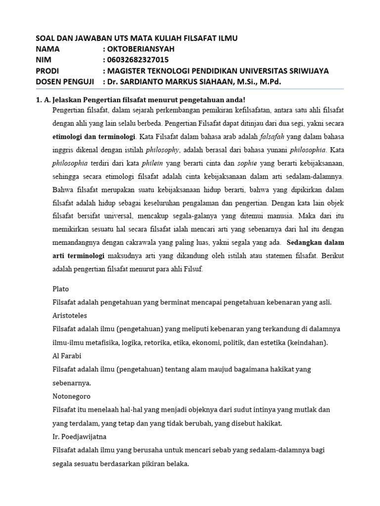 Soal Dan Jawaban Uts Mata Kuliah Filsafat Ilmu Oktoberiansyah | PDF ...