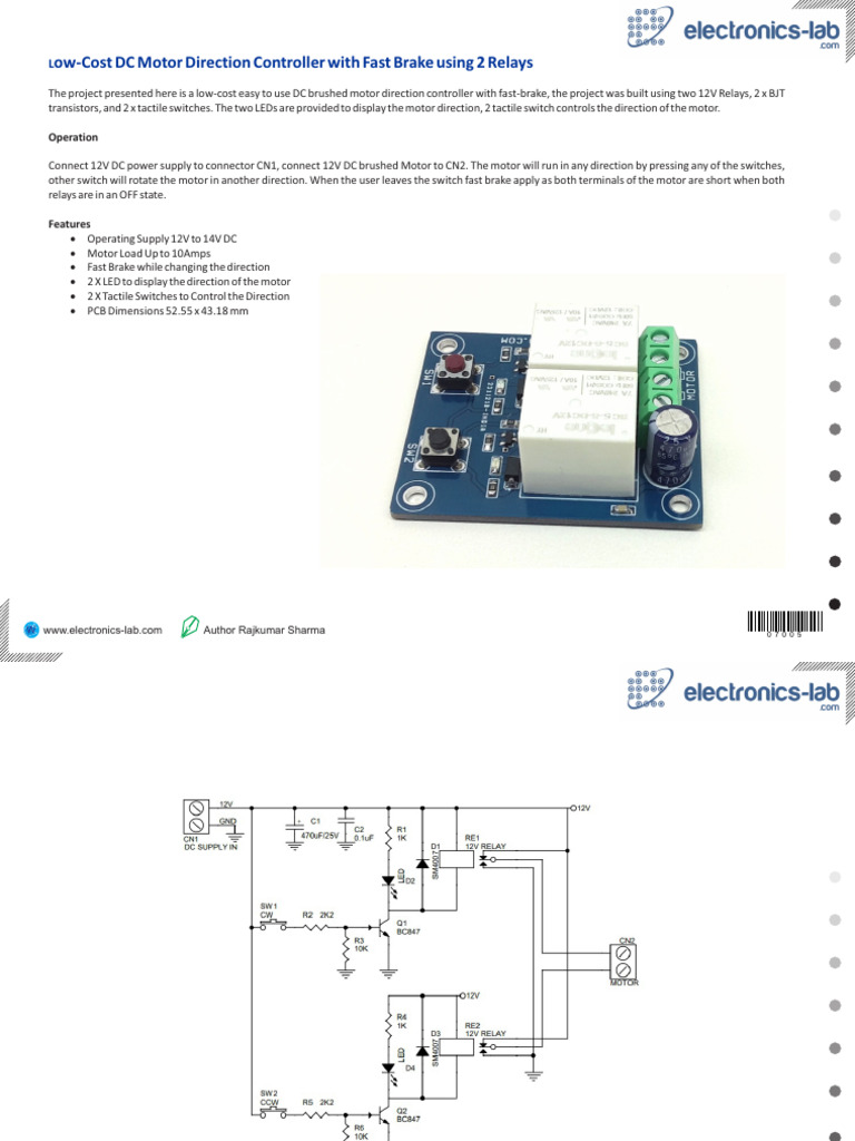 Low Cost DC Motor Direction Controller With Fast Brake Using 2 Relays ...