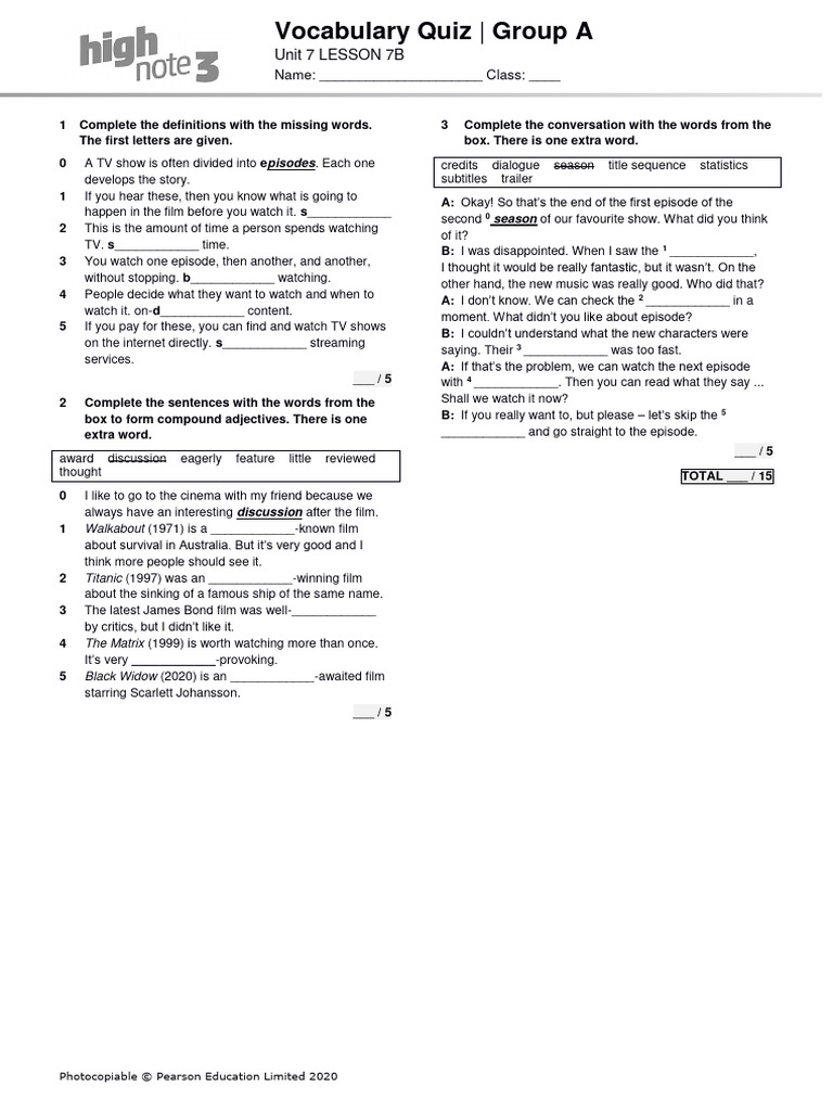 HighNote3 Vocabulary Quiz Unit07B GroupA | PDF
