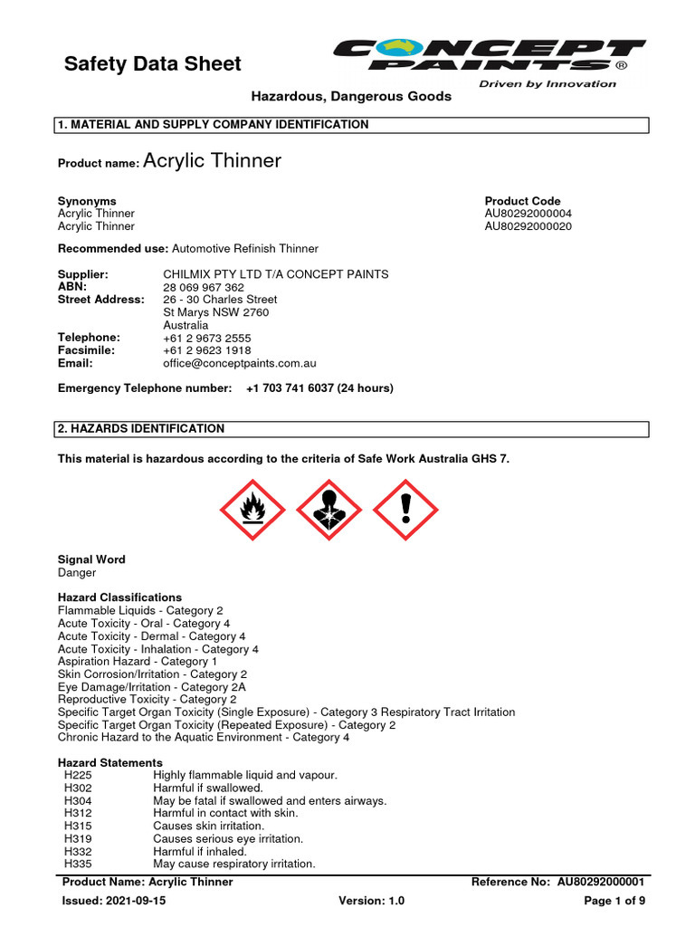 Acrylic Thinner-SDS - Aust | PDF | Dangerous Goods | Toxicity