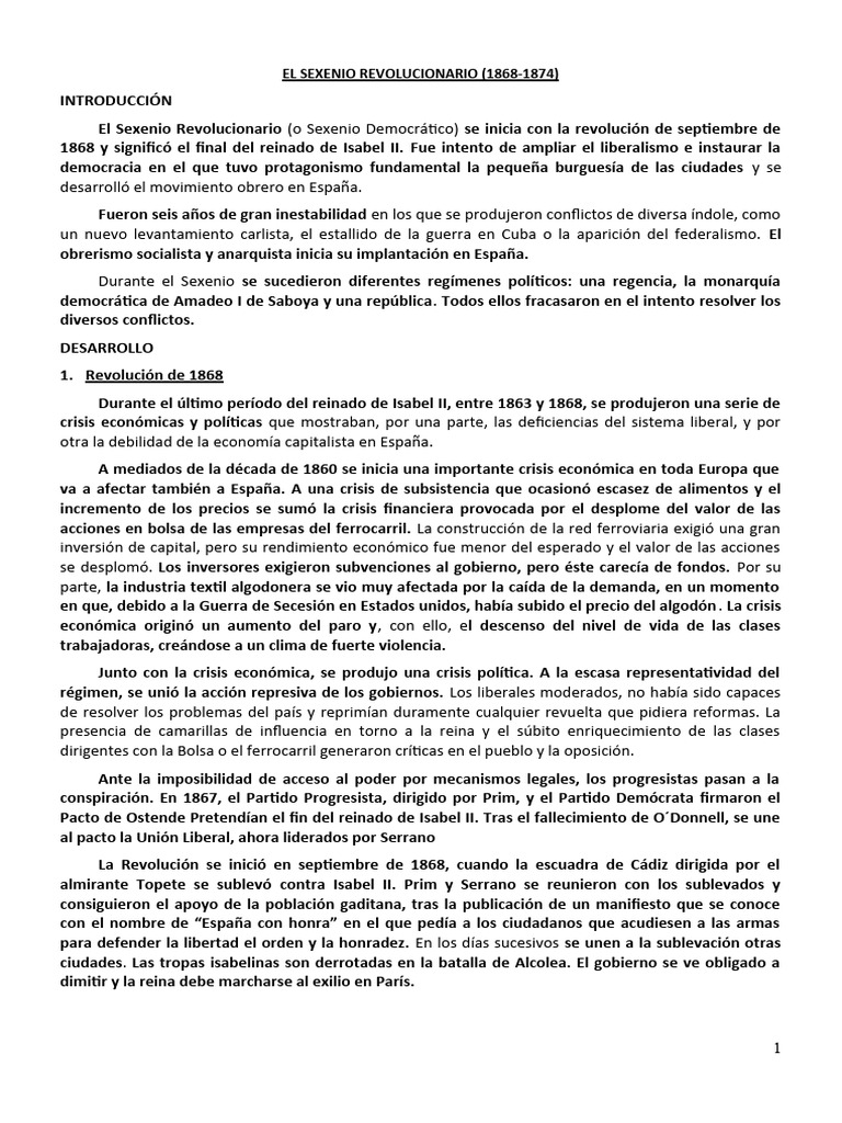 E 11 El Sexenio Revolucionario (1868-1874) 2022-23 | PDF | Gobierno | España