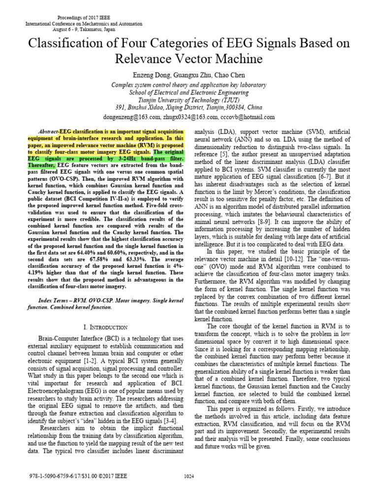 Classification of Four Categories of EEG Signals Based On Relevance Vector Machine | Download ...