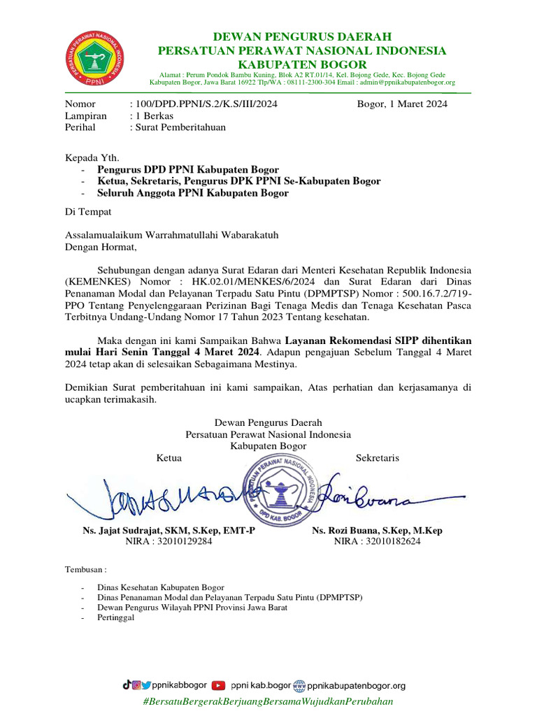 Surat Pemberitahuan Pemberhentian Layanan Rekomendasi Sipp | PDF