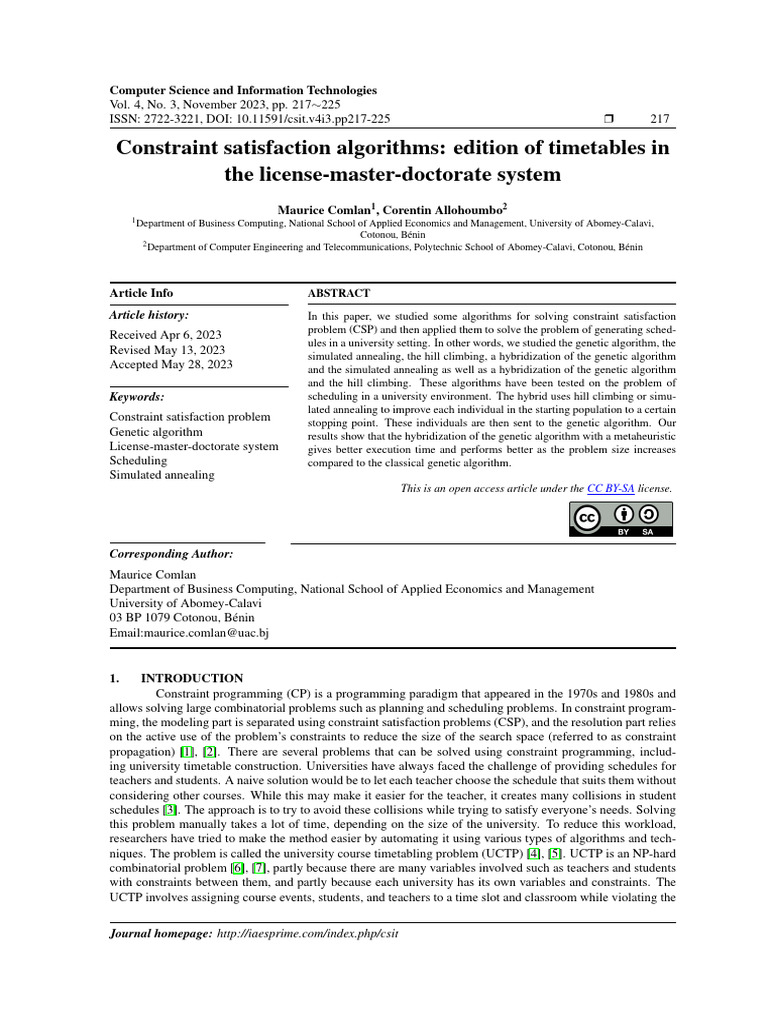 Constraint Satisfaction Algorithms: Edition of Timetables in The License-Master-Doctorate System ...