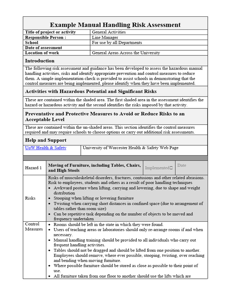 General Manual Handling RA | PDF | Hazards | Chair