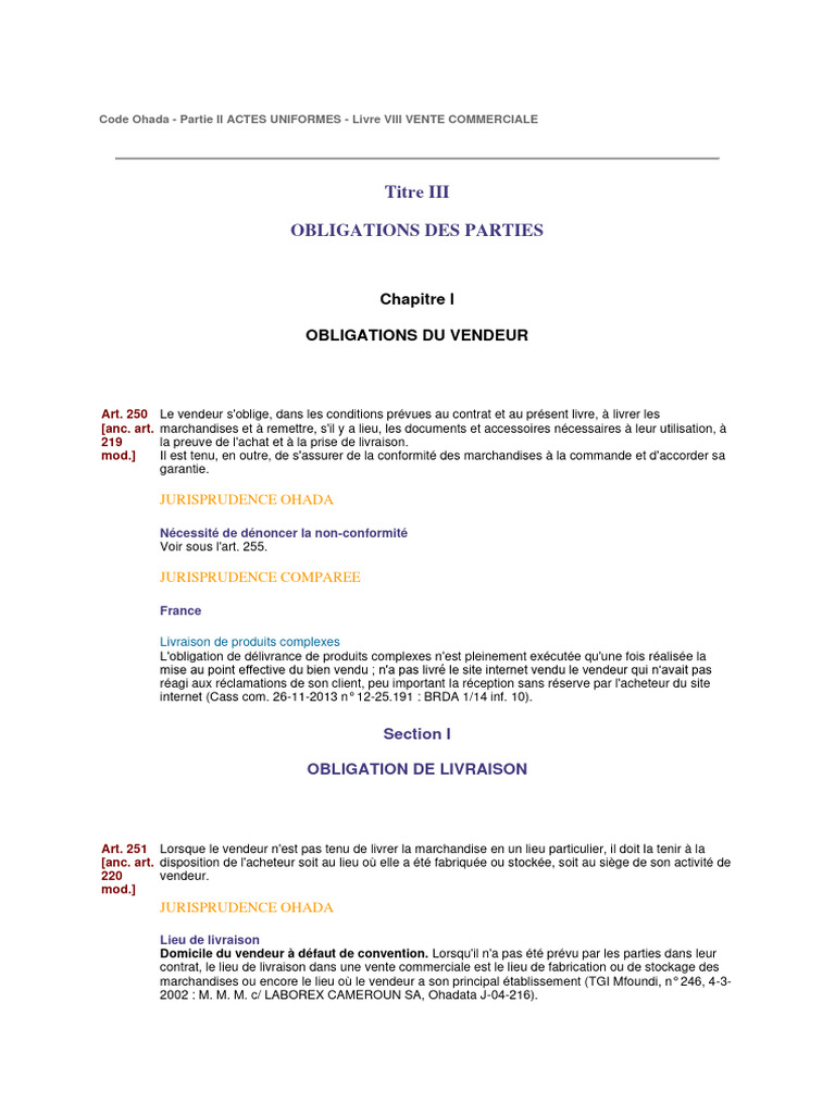 Titre III Obligations Des Parties: Chapitre I Obligations Du Vendeur | PDF