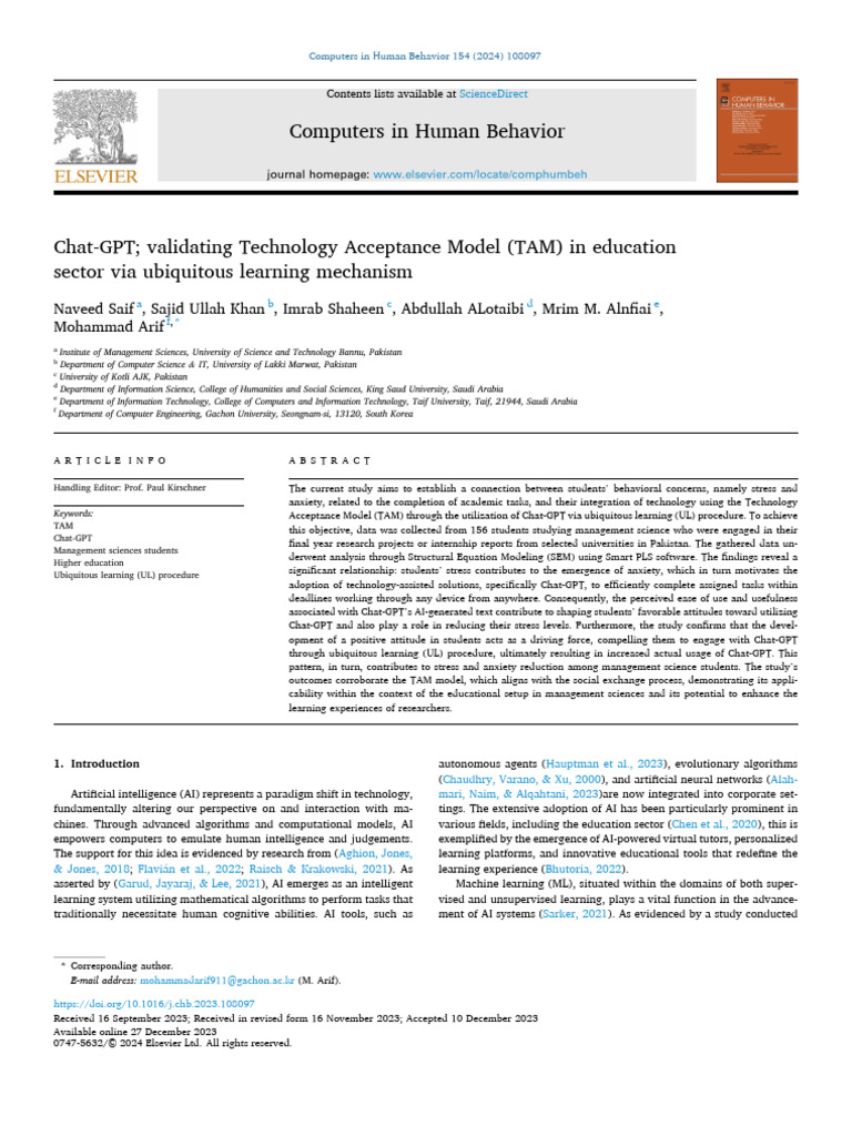 Chat GPT Validating Technology Acceptance Model TAM in - 2024 - Computers in | Download Free PDF ...