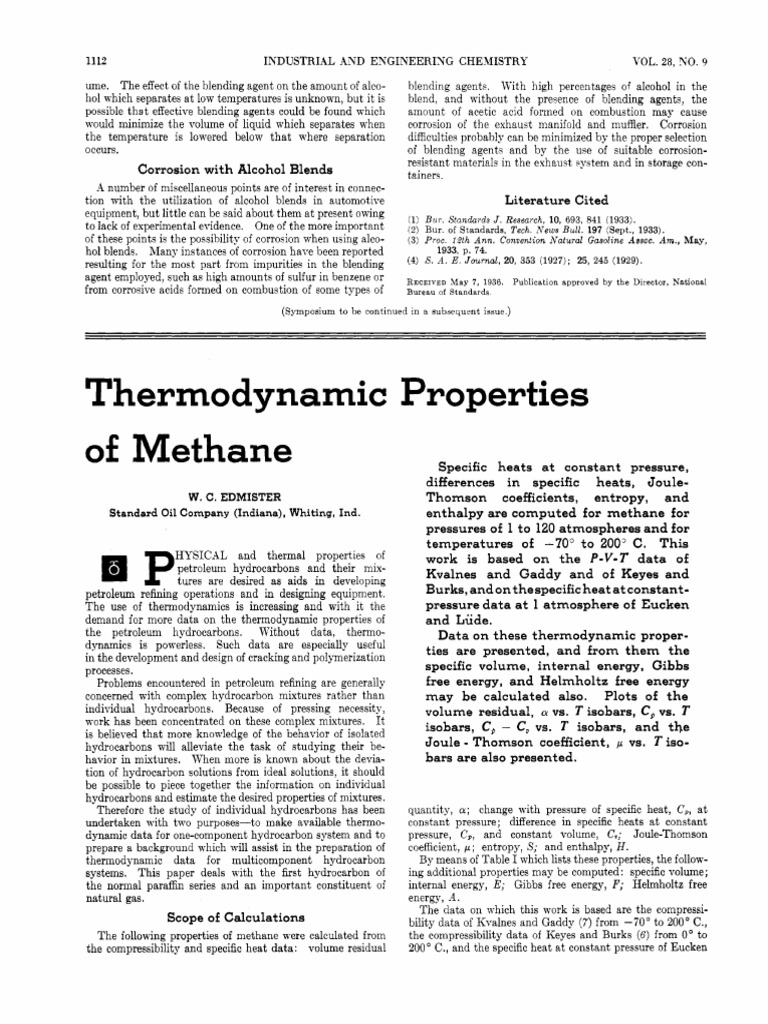 Thermodynamic Properties of Methane | PDF