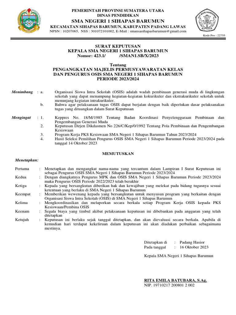 SK Pengurus Osis | PDF