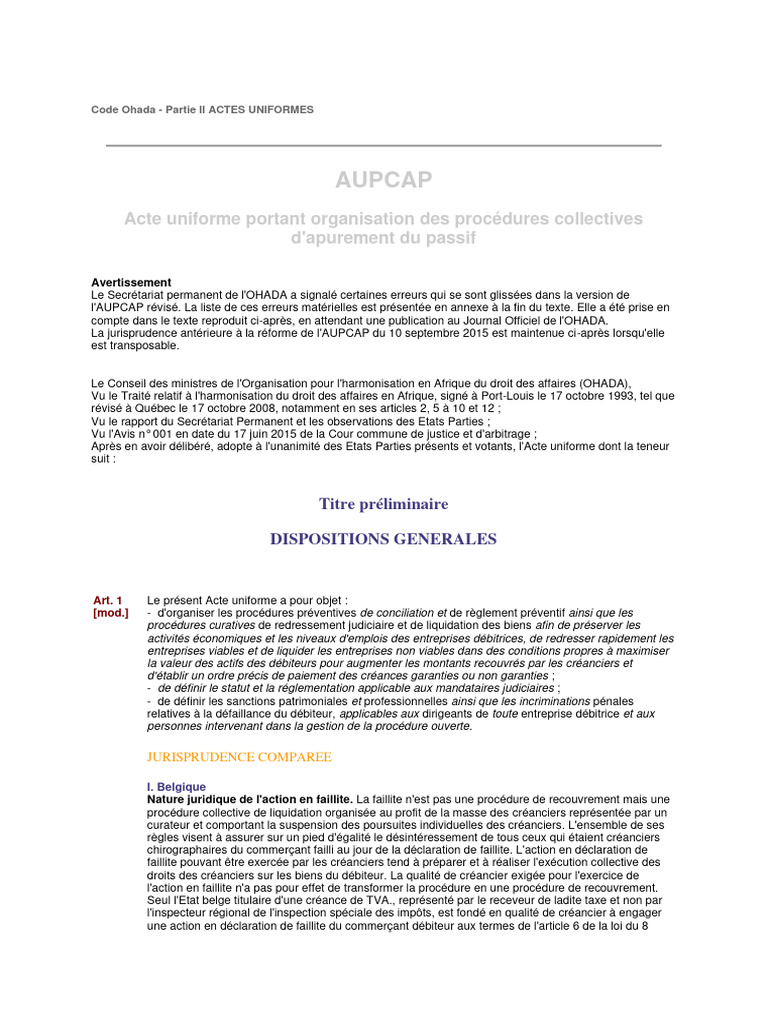 Aupcap: Acte Uniforme Portant Organisation Des Procédures Collectives D'apurement Du Passif | PDF