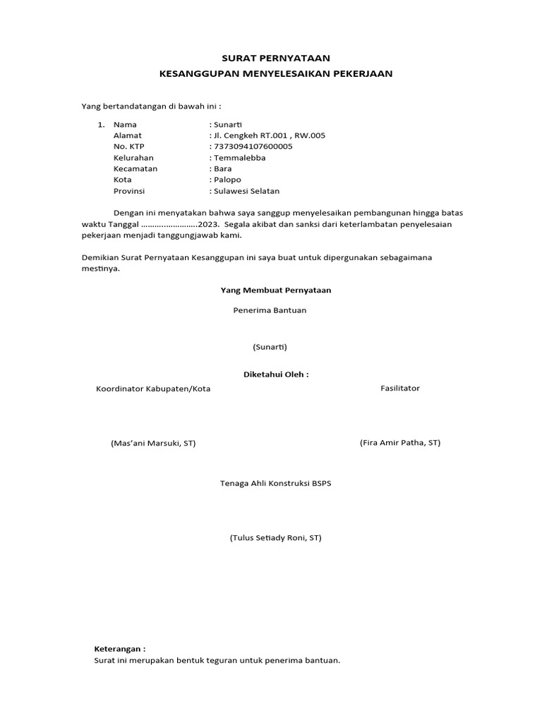 Surat Pernyataan Kesanggupan Menyelesaikan Pekerjaan | PDF