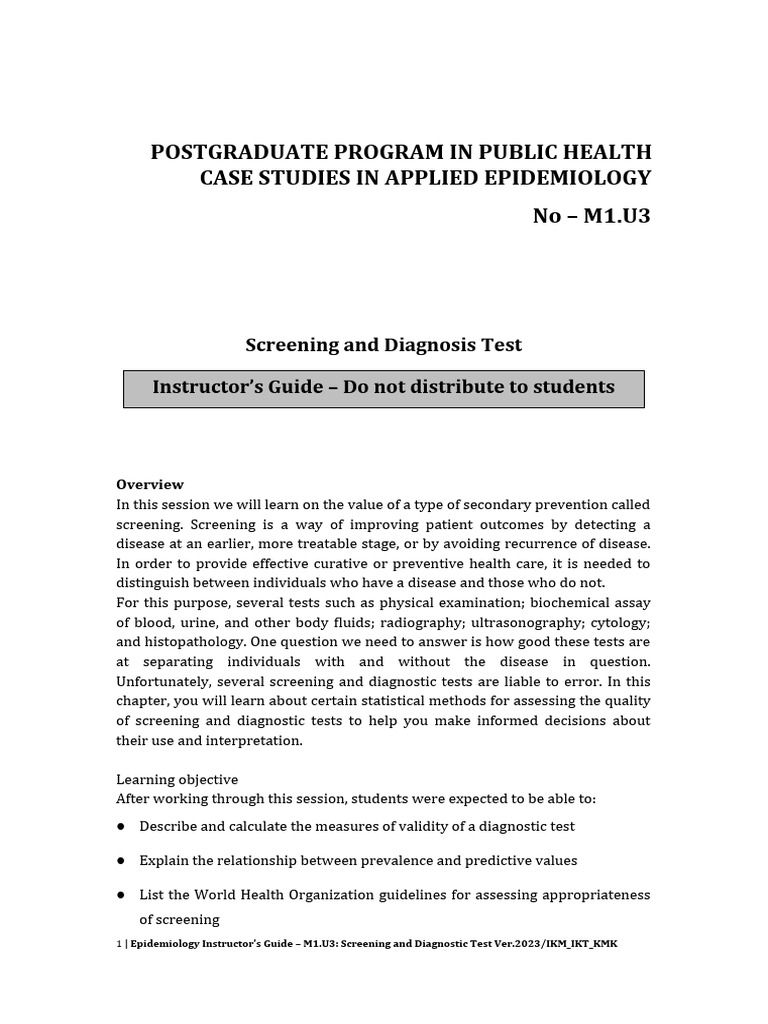 M1.U3 Screening and Diagnosis in Public Health Students 2023 | PDF | Sensitivity And Specificity ...