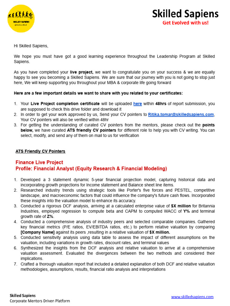 Sample CV Points - Live Project - Skilled Sapiens | PDF | Valuation ...