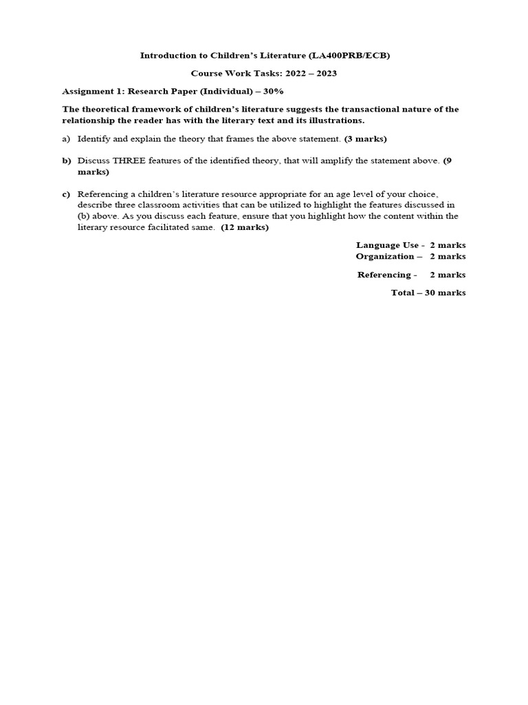 Coursework Introduction To Children's Literature Semester | PDF ...