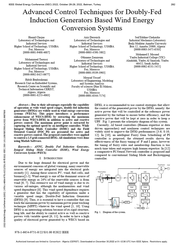 Advanced Control Techniques For Doubly-Fed Induction Generators Based Wind Energy Conversion ...