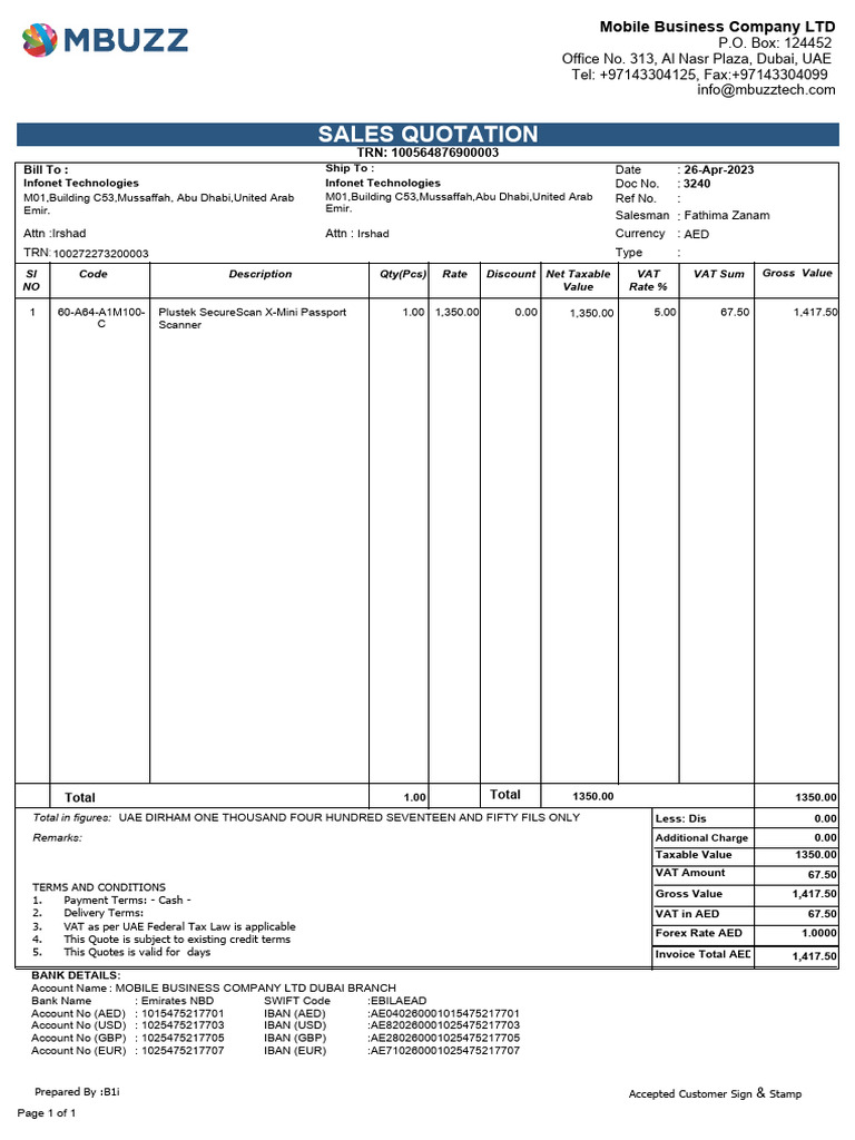 UAE Sales Quotation Template | PDF | United Arab Emirates | Value Added Tax