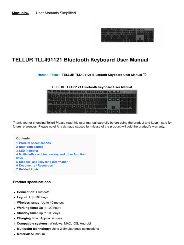 Tellur Keyboard Manual | PDF | Computer Keyboard | Bluetooth