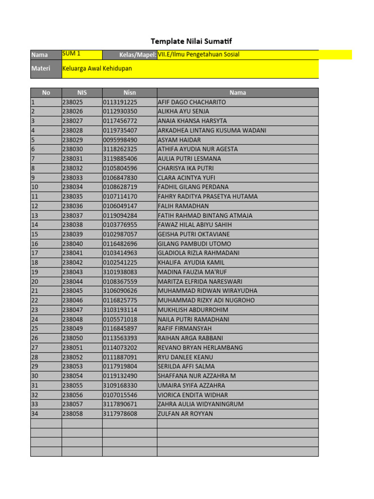 Template Nilai Sumatif IPS Kelas VII | PDF