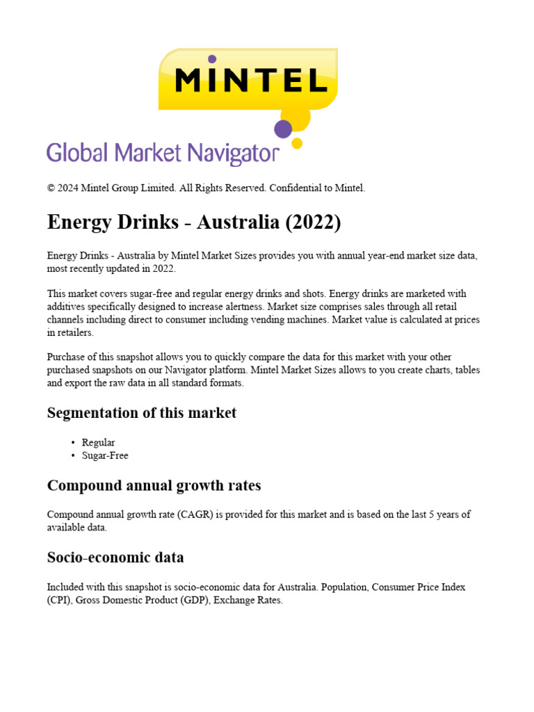 Mintel Market Sizes Energy Drinks - Australia (2022) | PDF