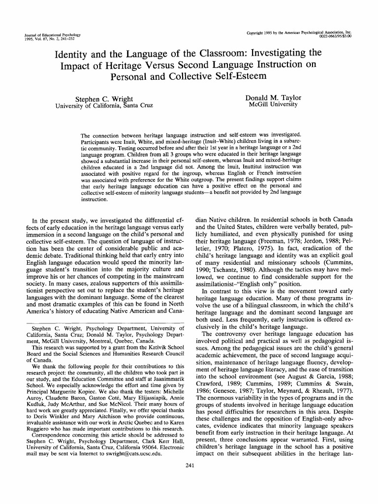 Identity and The Language of The Classroom | PDF | Self Esteem | Psychological Concepts