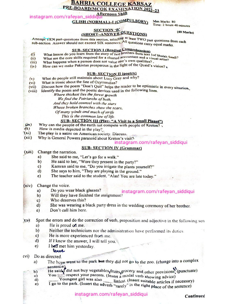 Xi-English Bahria College Karsaz Paper by Rafeyan Siddiqui | PDF