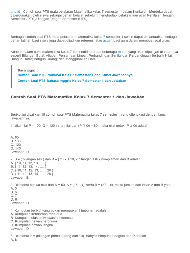 Contoh Soal PTS Matematika Kelas 7 Semester 1 Dan Kunci Jawaban | PDF