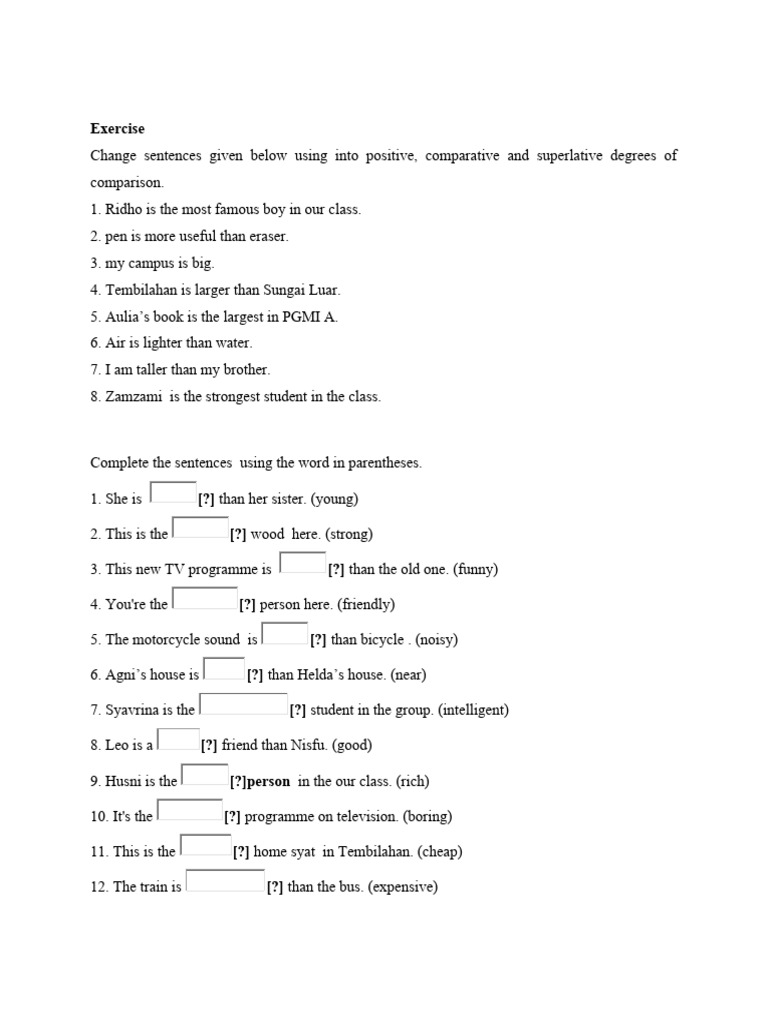 Degree of Comparison Exercise | PDF