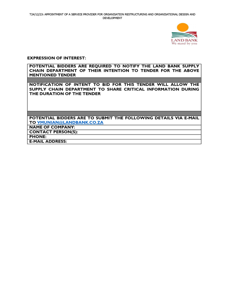 Land Bank Tender: Org Restructuring & Design | PDF | Employee Retention | Request For Proposal