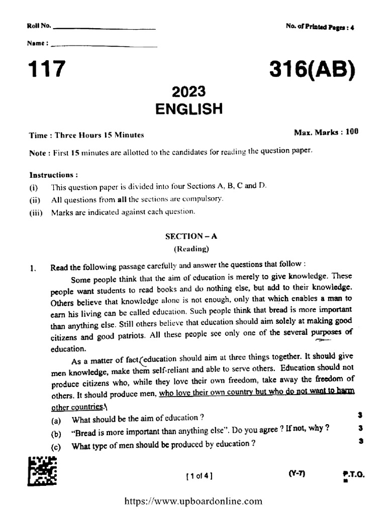 Up Board Class 12 English 316 Ab 2023 | PDF