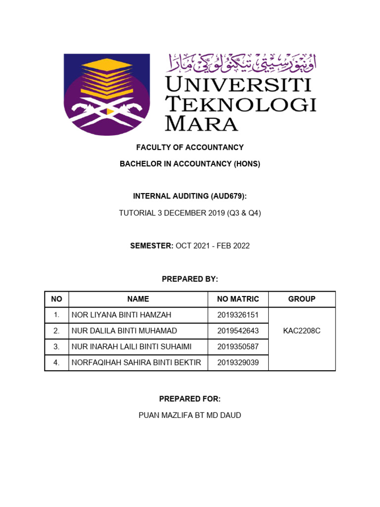 Aud679 Tutorial 3 Dec2019 (q3&q4) | PDF | Internal Audit | Audit