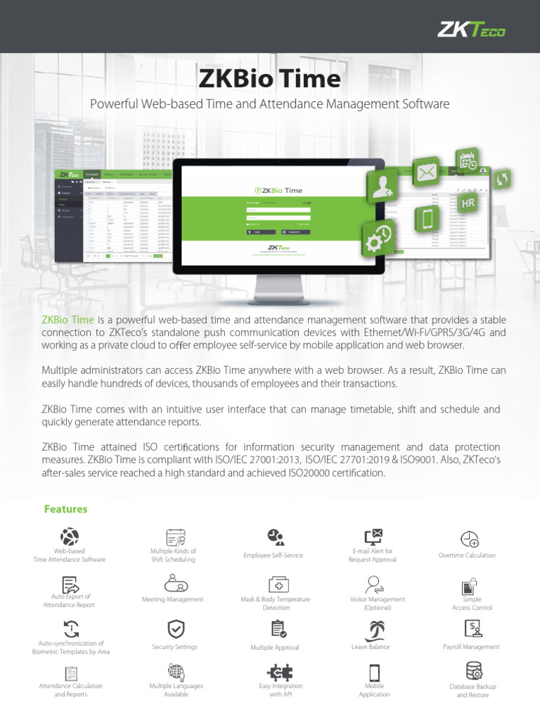 ZKBio Time 9.0 - Datasheet - 202312 | PDF | Web Application | Mobile App