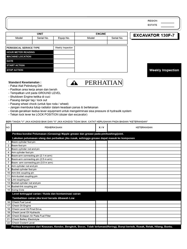 Check Sheet Excavator Komatsu 130F-7 | PDF
