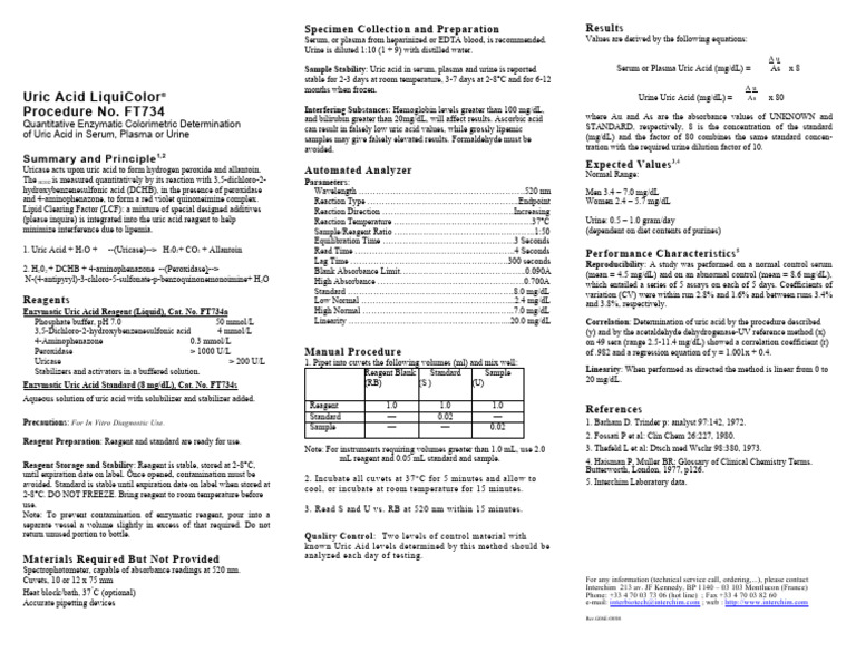 Uric Acid Liquicolor Enzymatic Colorimetric Test Procedure | PDF ...