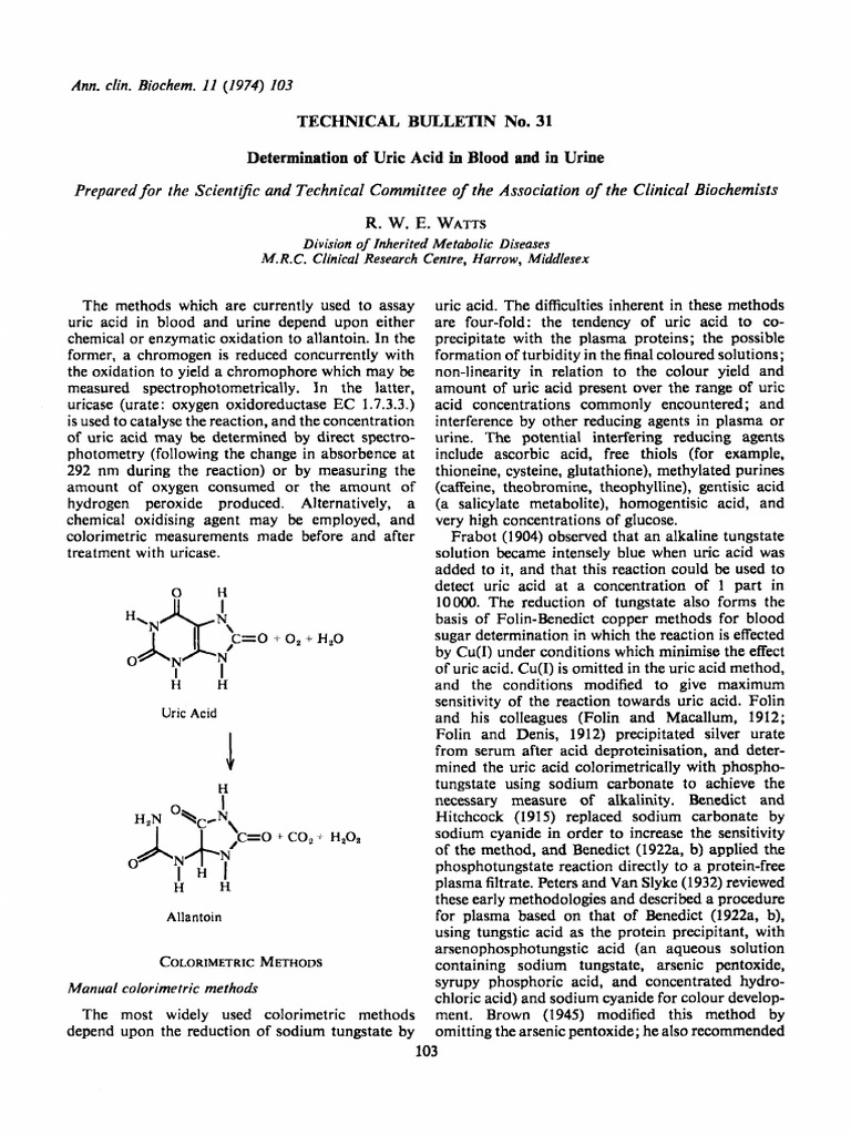 Watts 1974 Determination of Uric Acid in Blood and in Urine | PDF ...
