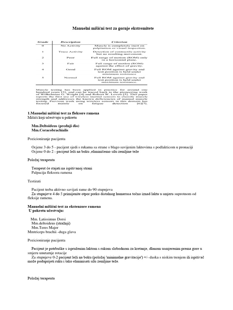 Manuelni Mišićni Test Za Gornje Ekstremitete | PDF