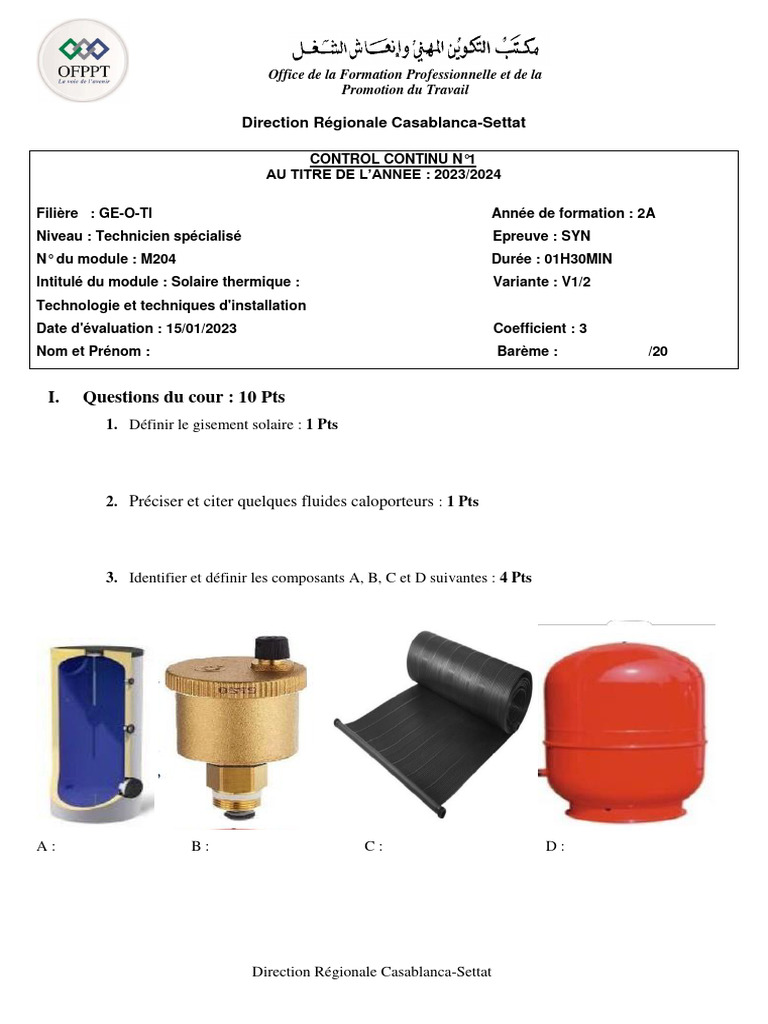 Direction Régionale Casablanca-Settat: I. Questions Du Cour: 10 Pts | PDF