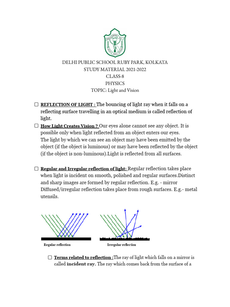 Class 8 Light and Vision Study Material | PDF