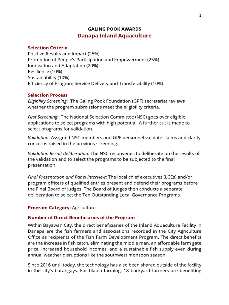 Galing Pook Awards Danapa Inland Aquaculture | PDF | Technology ...