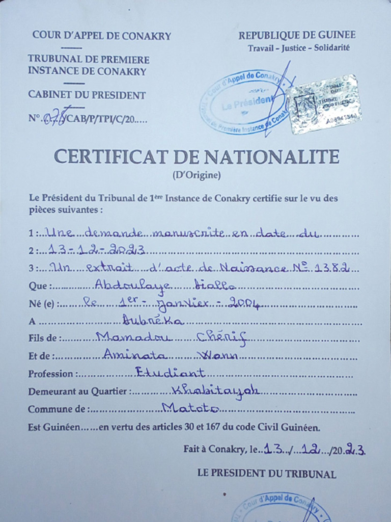 Certificat de Nationalité | PDF