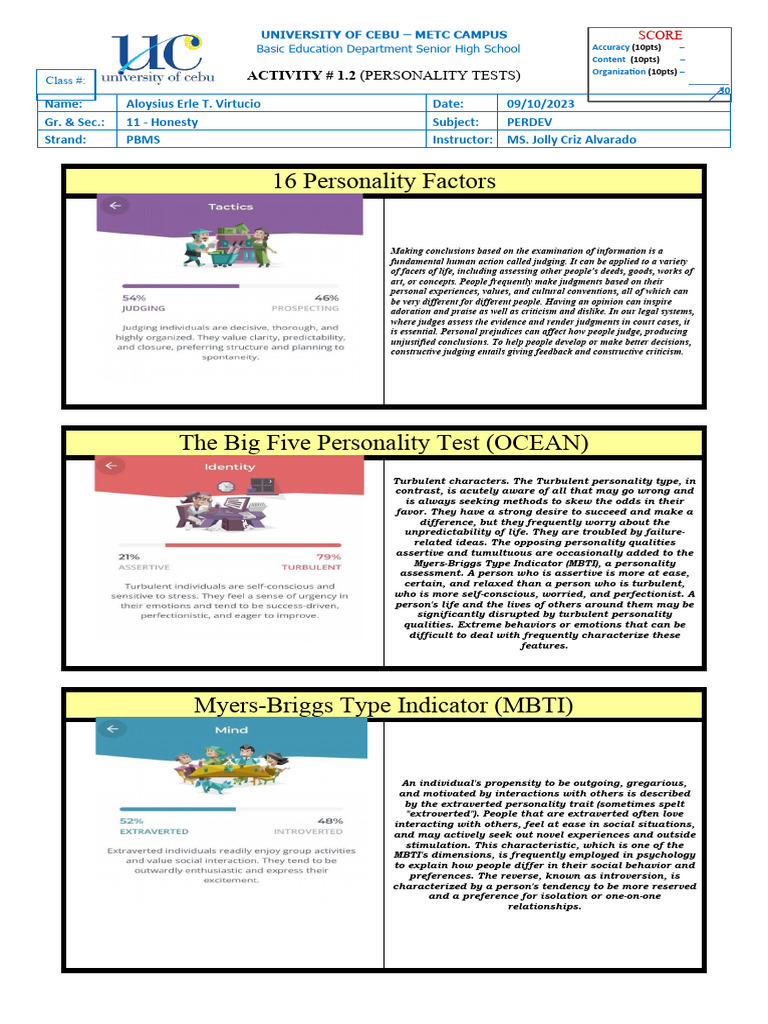 Activity 1.2 Personality Tests | PDF | Extraversion And Introversion ...