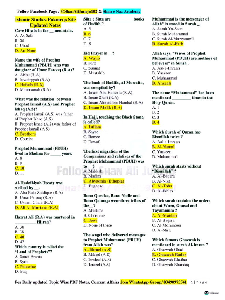 Must Study Islamiat Mcqs Ashfaque Ahmed Kumbhar | PDF