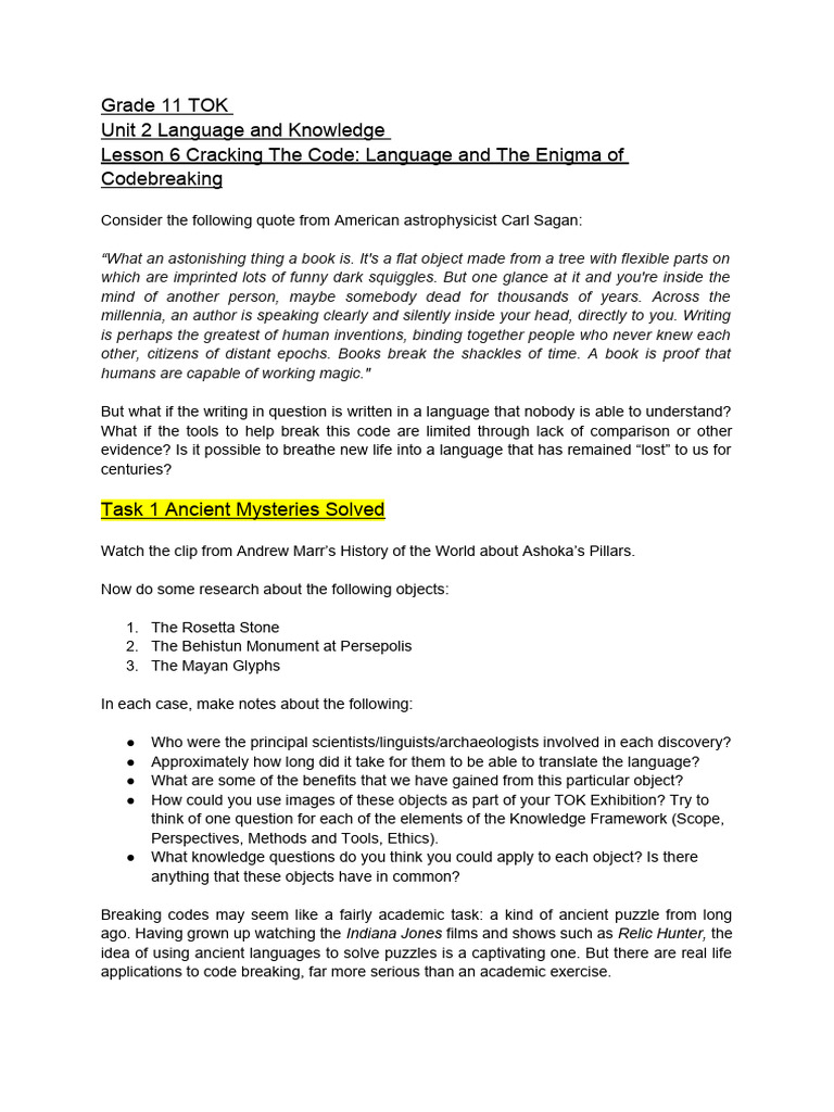 Language and Knowledge Lesson 6 - Codebreaking | PDF | Encryption | Alan Turing