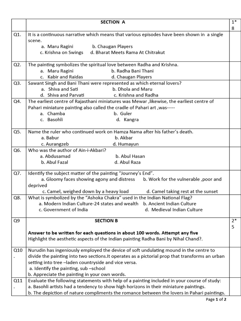 Class 12 Fine Arts Sample Paper | PDF | Paintings | Plastic Arts