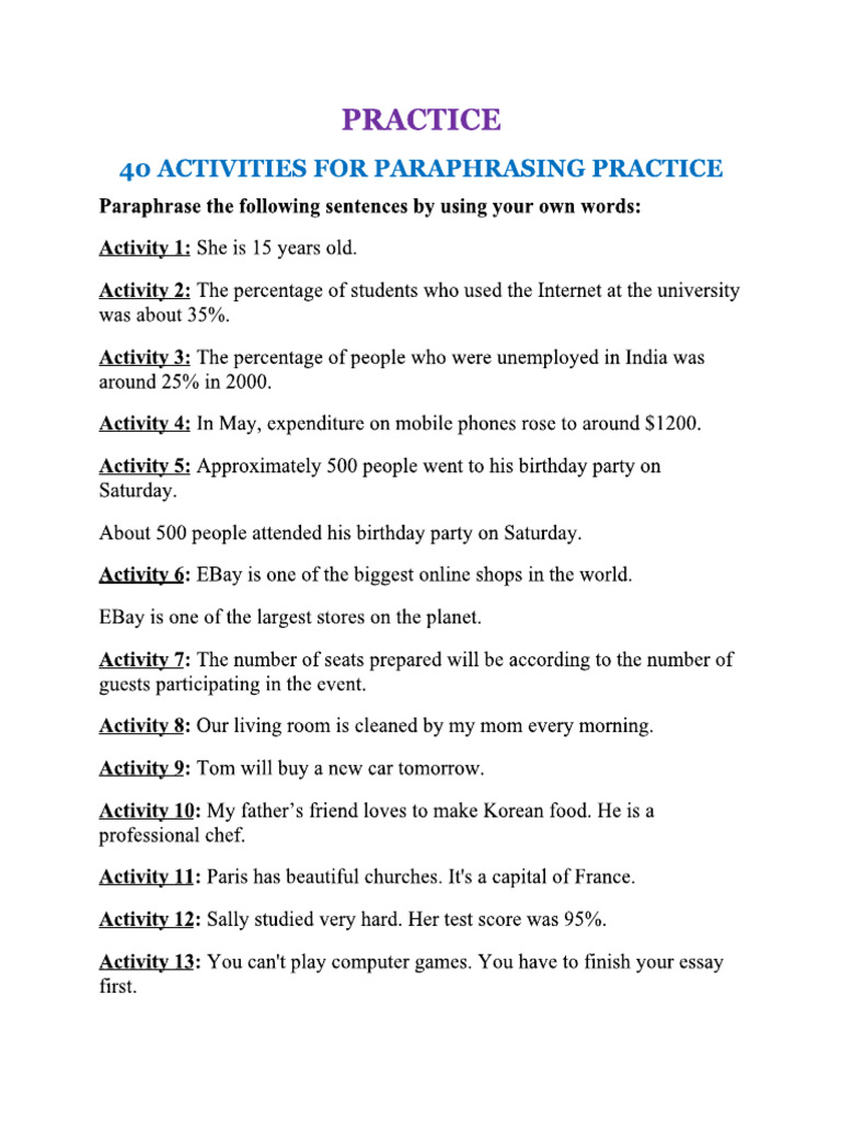 40 Activities For Paraphrasing Practice With Answer | PDF