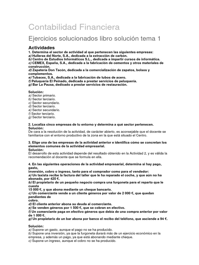 Contabilidad Financiera Ejercicios Solucionados Libro Tema 1 | PDF